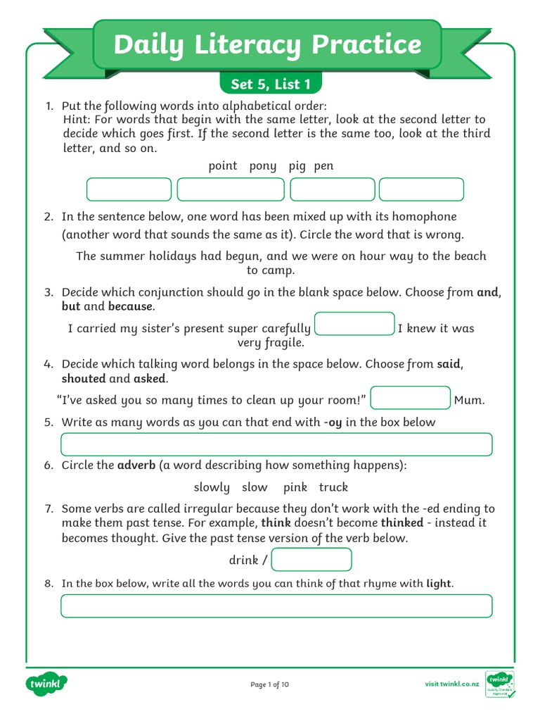 Daily Literacy Practice - Set 5 | PDF | Word | Grammatical Tense