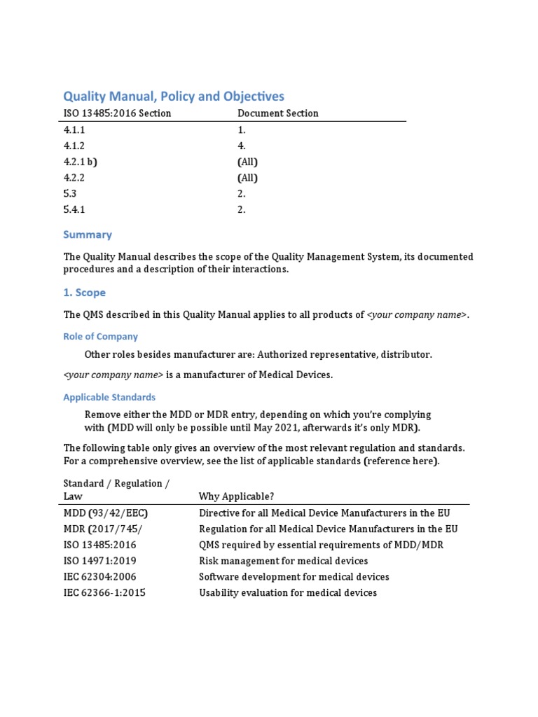 Quality Manual Policy Objectives | PDF | Medical Device | Quality ...