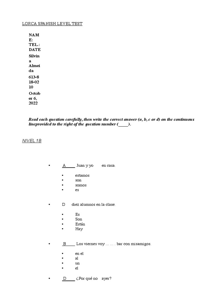 SPANISH LEVEL TEST Word | PDF