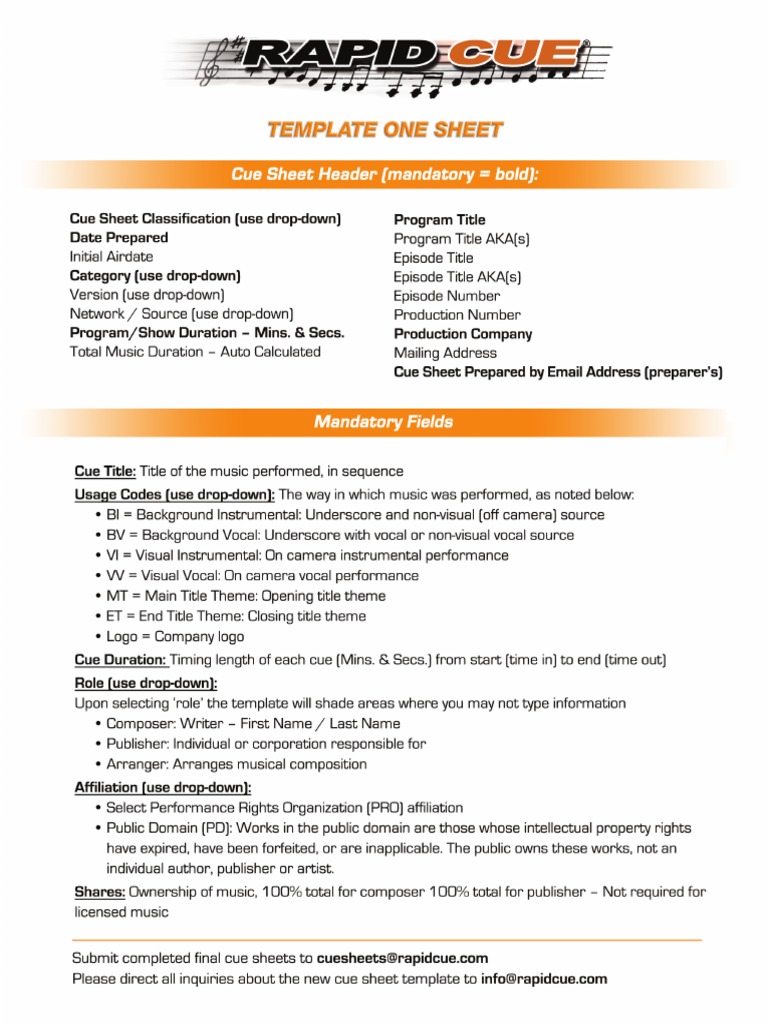 Rapidcue Cue Sheet Template Onesheet | PDF