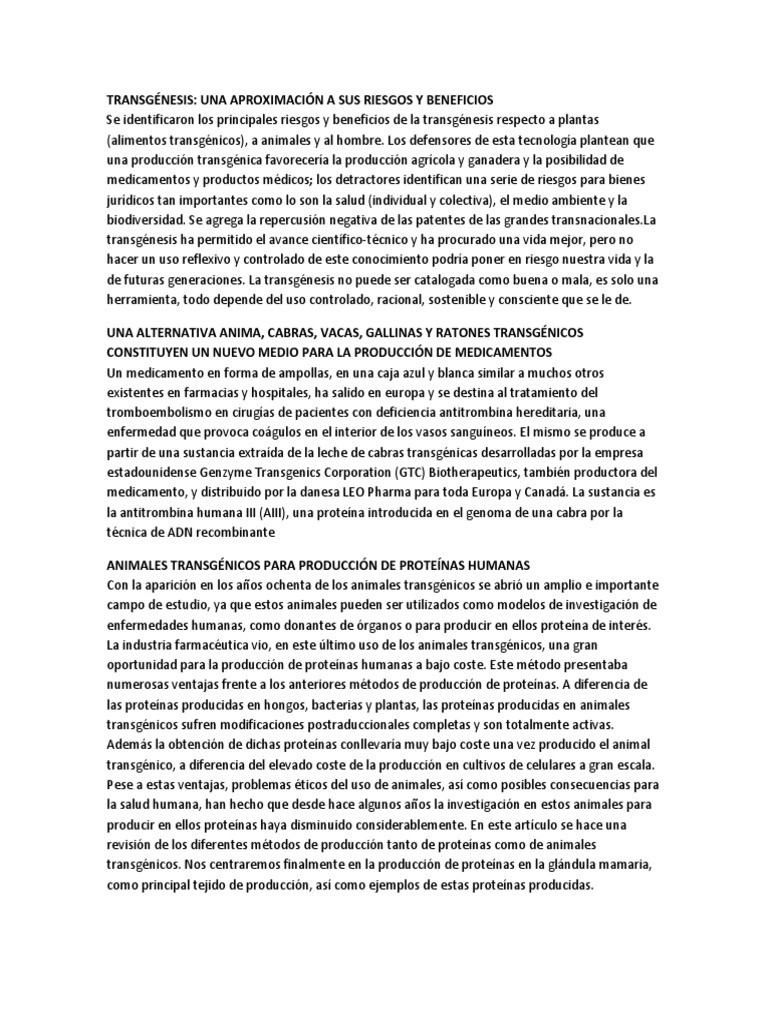 TRANSGÉNESIS | PDF | Organismo genéticamente modificado | Proteínas