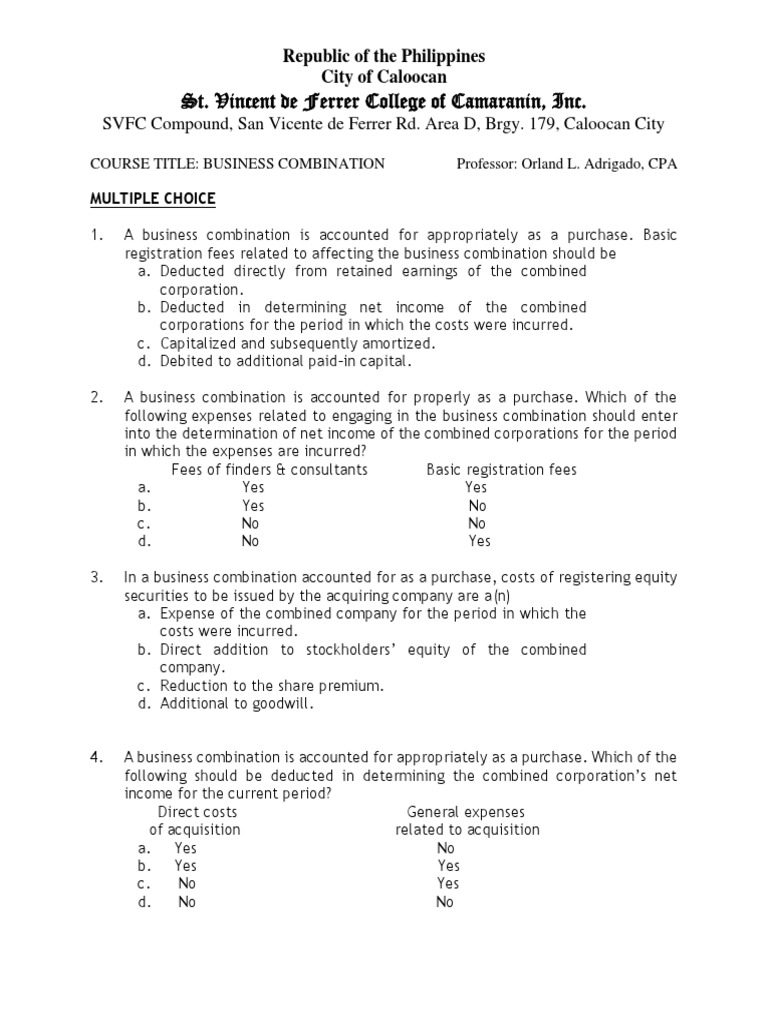 Quiz Number 1 Buscom Monday Class | PDF | Goodwill (Accounting) | Fair ...