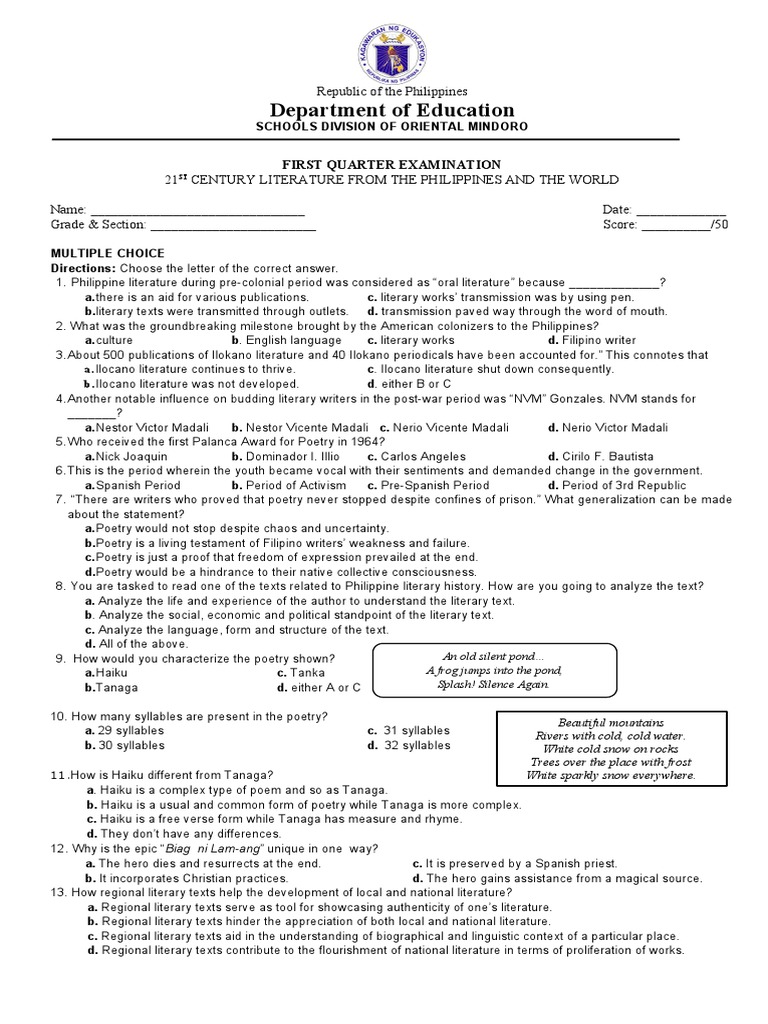1st Quarter Exam - 21st Century Lit | PDF | Poetry | Writers
