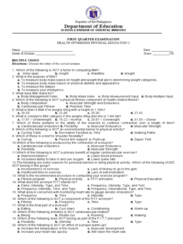 1st Quarter Exam - HOPE 3 | PDF | Body Mass Index | Heart Rate