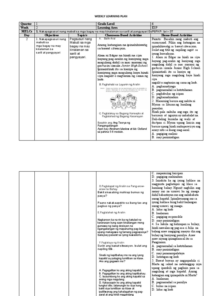 Weekly Learning Plan Quarter Grade Level Week Learning Area Melcs 1 ...