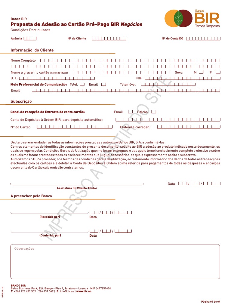 34 BIR FORM CARTÃO+PRÉ-PAGO+BIR+NEGÓCIOS SITE Edited | PDF | Angola ...