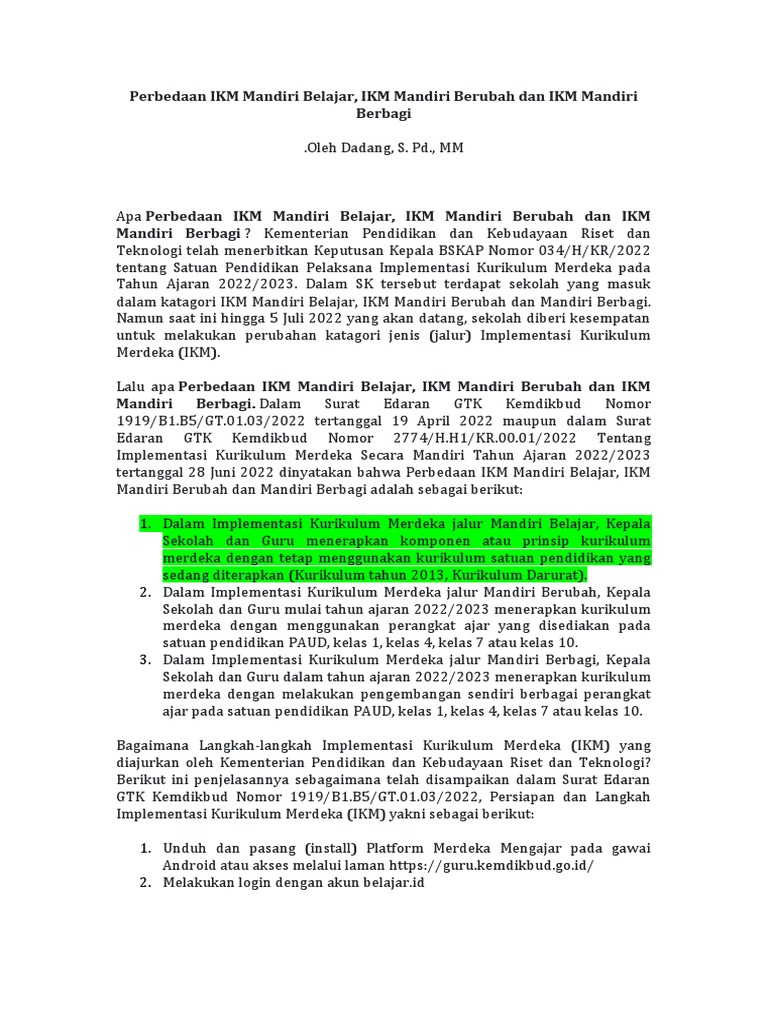 Perbedaan IKM Mandiri dalam Pendidikan | PDF