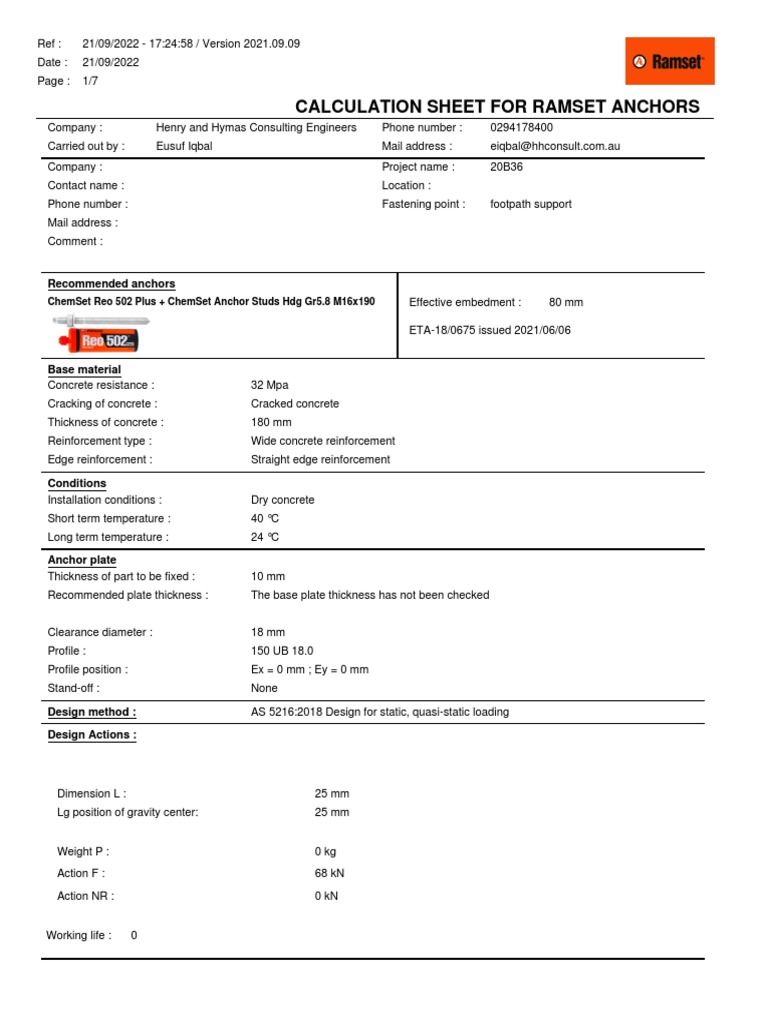 Ramset Anchor Calculation Sheet | PDF | Strength Of Materials | Concrete