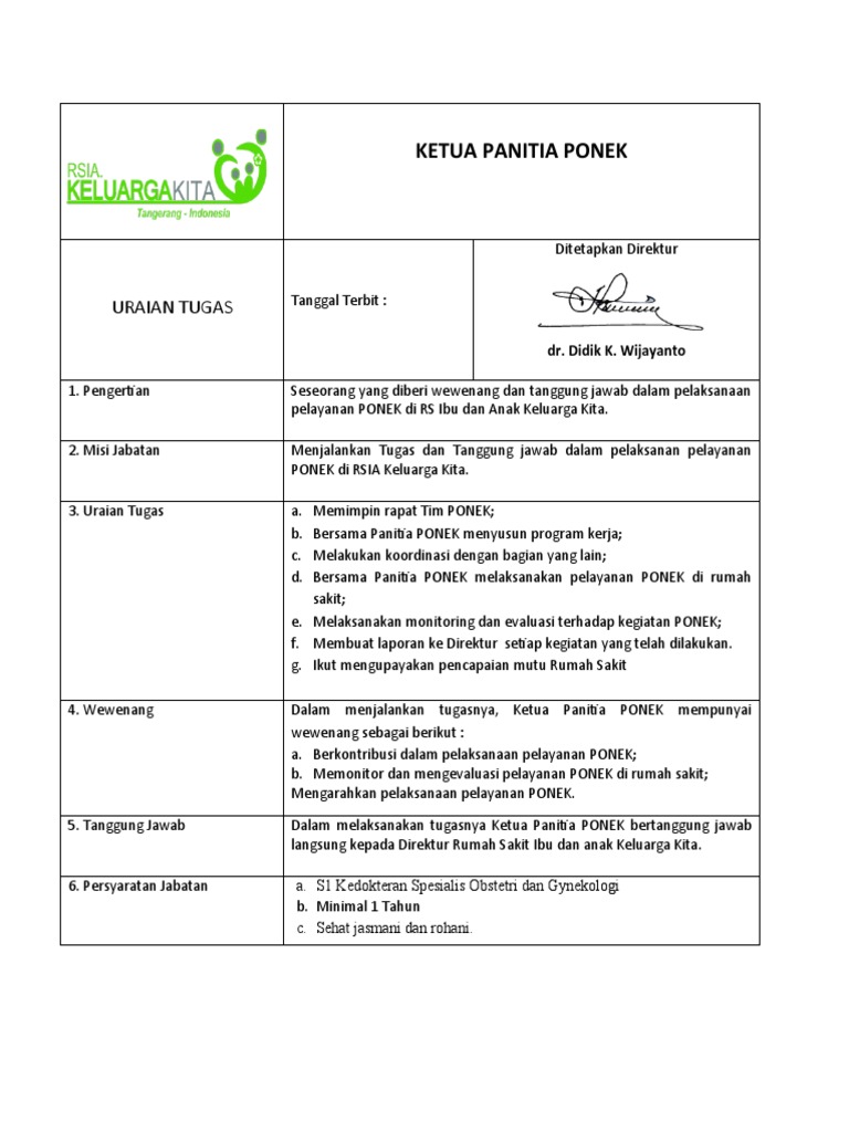 Uraian Tugas Panitia PONEK | PDF