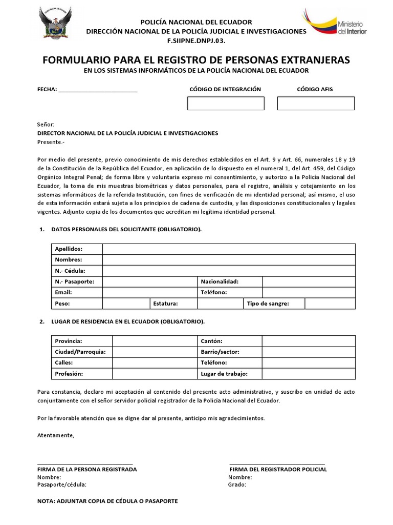 FORMULARIO PARA EL REGISTRO DE PERSONAS EXTRANJERAS-v 03 | PDF | Policía | Ecuador