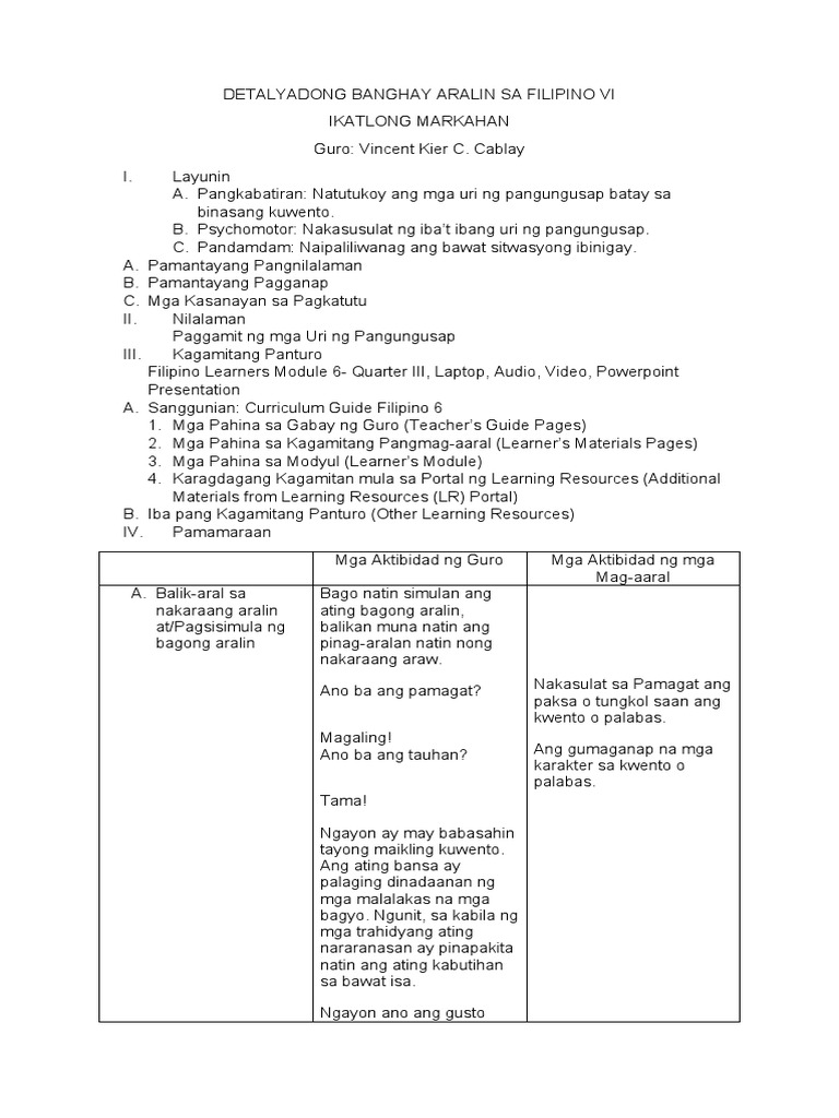Lesson Plan in FILIPINO VI | PDF