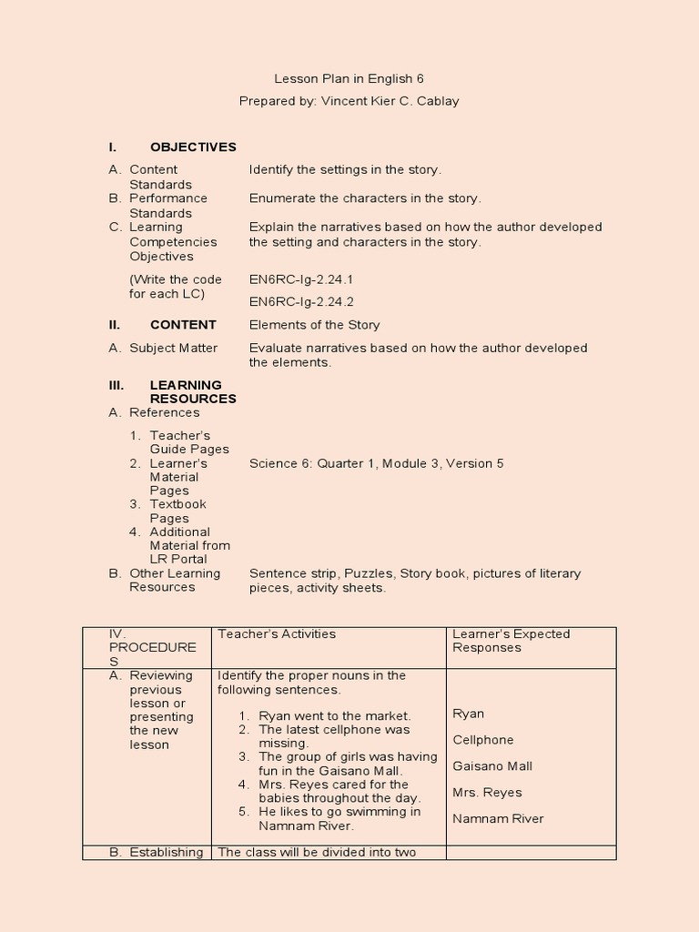 Lesson Plan in English 6 Quarter 1 | PDF | Lesson Plan | Narrative
