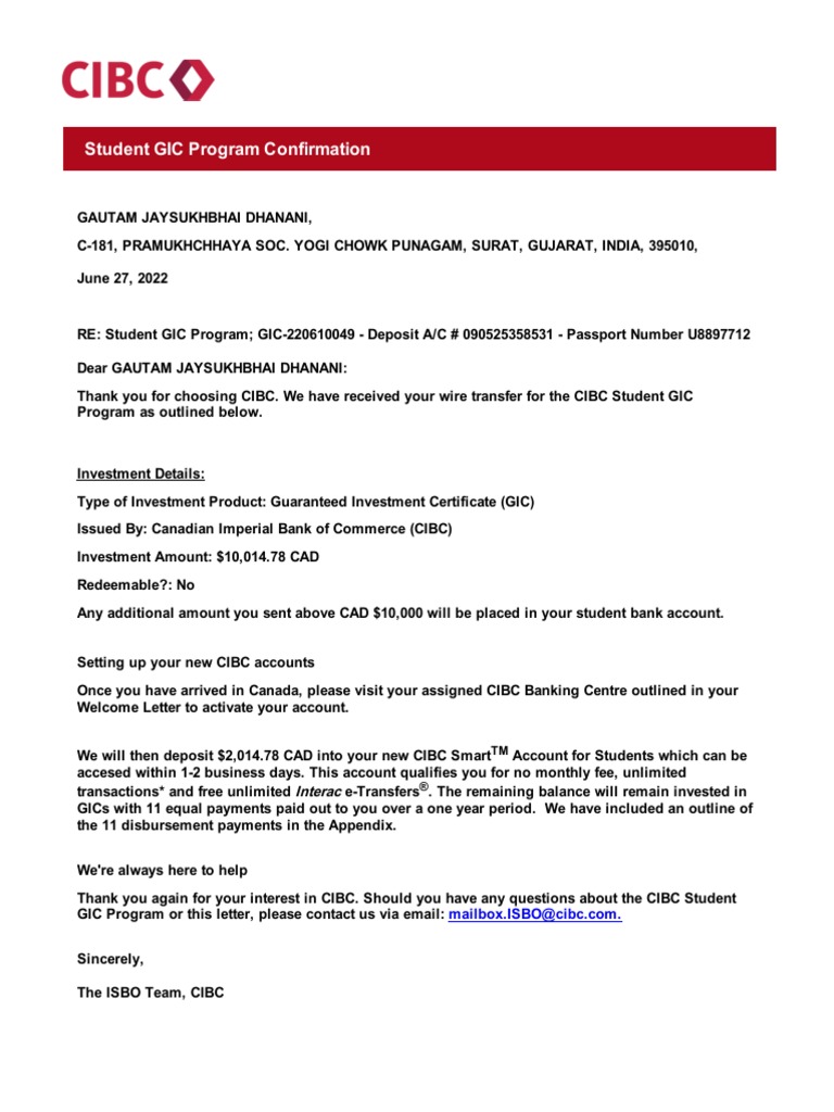 CIBC Student GIC Program Confirmation | PDF | Payments | Credit Card