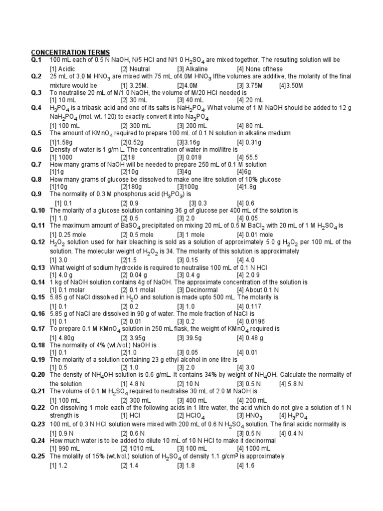 Concentration Terms (Basic Sheet) | PDF | Molar Concentration ...