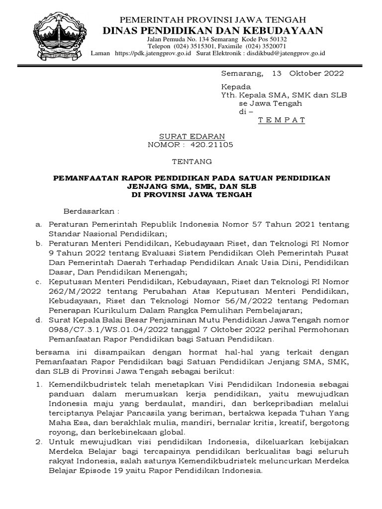 Se - Pemanfaatan Rapor Pendidikan Bagi Satuan Pendidikan Dan Lampiran | PDF