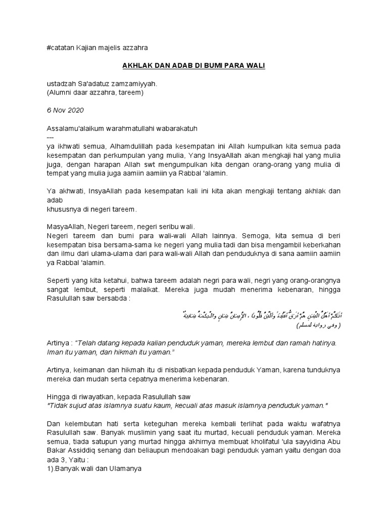 Akhlak Dan Penduduk Kota Tarim | PDF