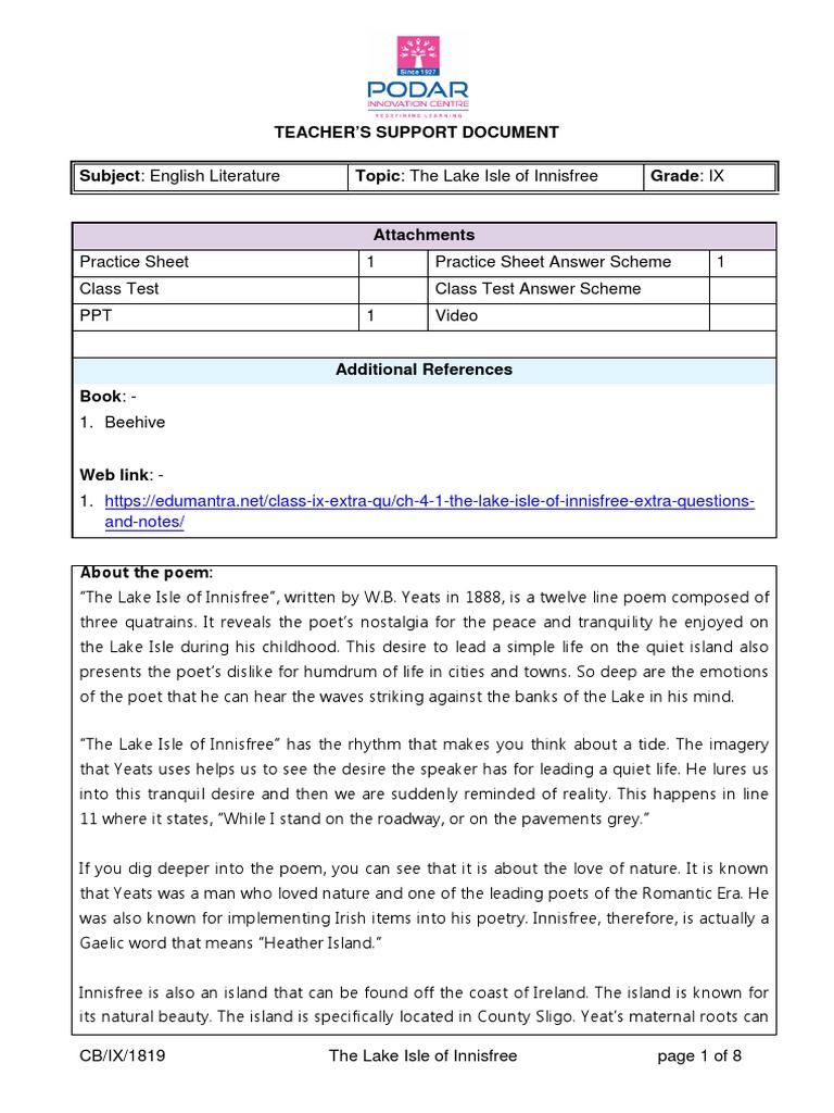 TSD - IX - Eng - The Lake Isle of Innisfree | PDF