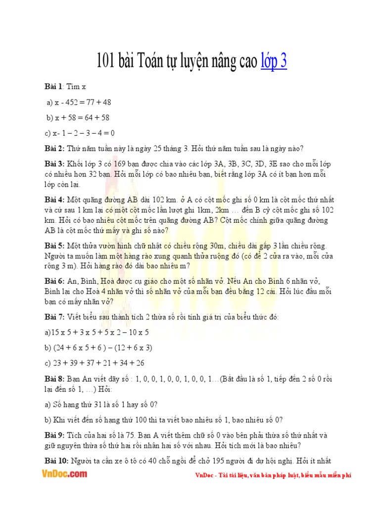 101 Bai Toan Tu Luyen Nang Cao Lop 3 | PDF