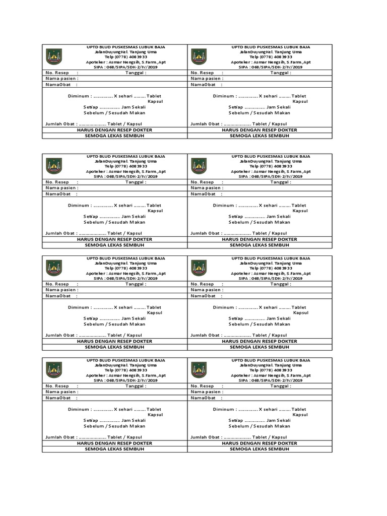 Format Etiket Obat Puskesmas | PDF | Sains & Matematika