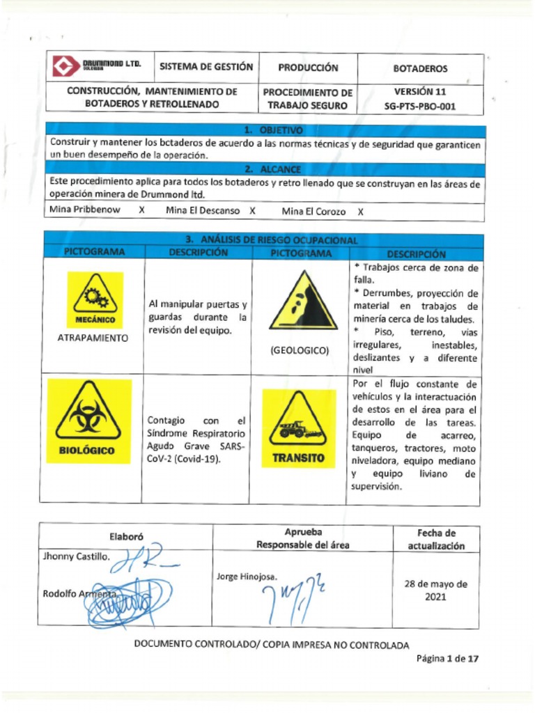 2 SG-PTS-PBO-001 Construcción, Mtto Botaderos y Retrollenado | PDF