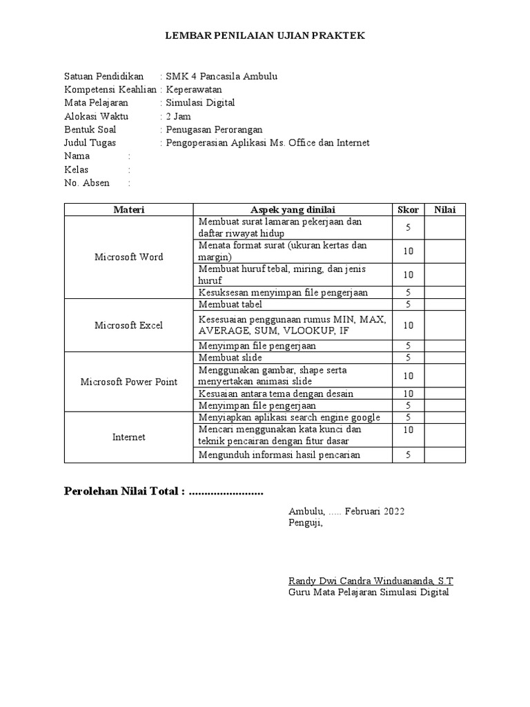 LEMBAR PENILAIAN UJIAN PRAKTEK SIMDIG 2022 - Fix | PDF