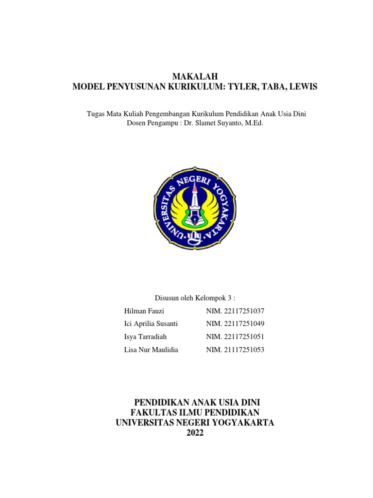 Model Penyusunan Kurikulum Tyler, Taba, Lewis - Makalah Final Print | PDF