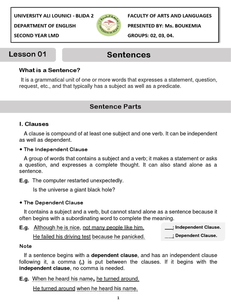 Grammar. Lesson 01. Sentences - 033607 | PDF | Phrase | Clause