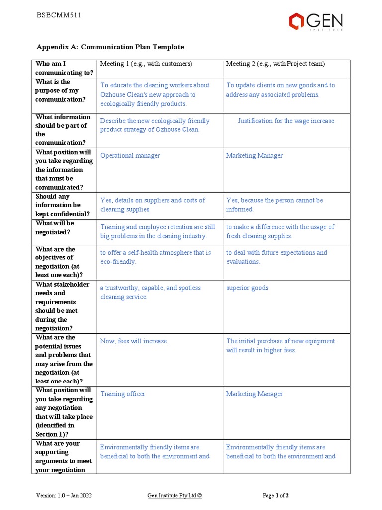 Appendix A: Communication Plan Template: BSBCMM511 | PDF | Negotiation ...