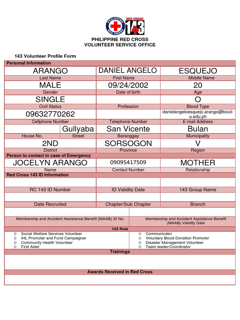 Arango, Daniel Angelo E. - Rcy 143 Volunteer Registration Form | PDF | Emergency Management ...