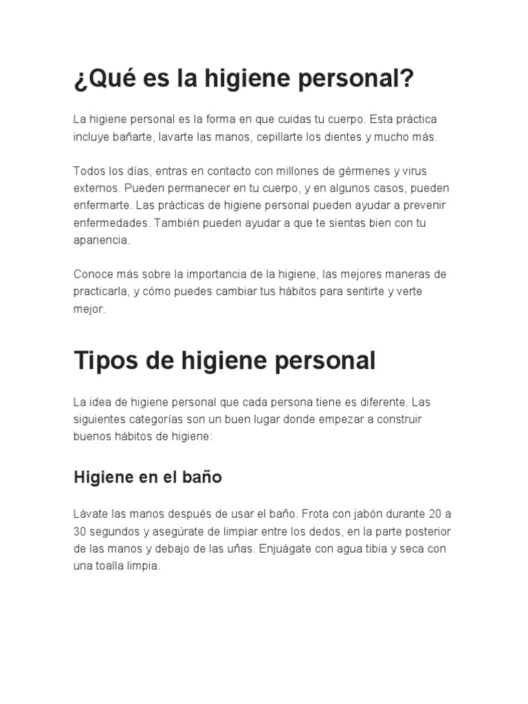 Qué Es La Higiene Personal | PDF | Ciencias de la Salud | Especialidades Medicas