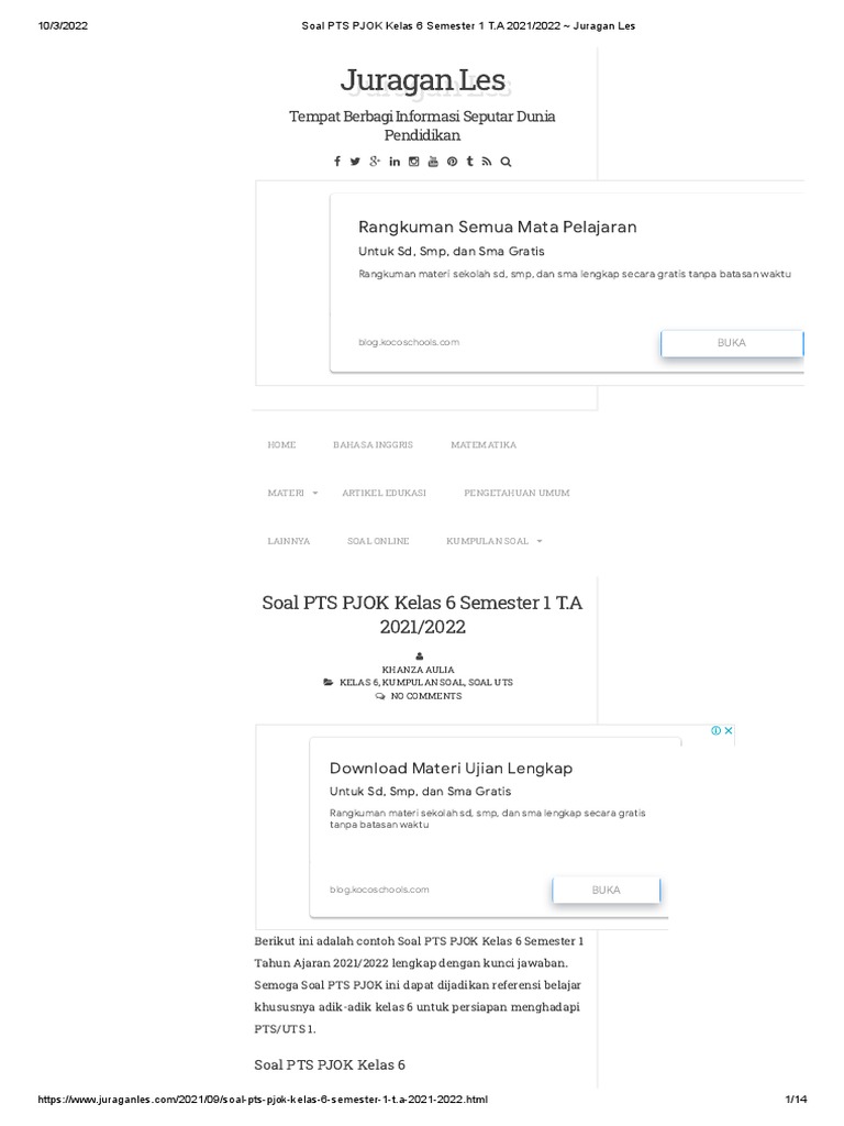 Soal PTS PJOK Kelas 6 Semester 1 T.A 2021 - 2022 - Juragan Les | PDF