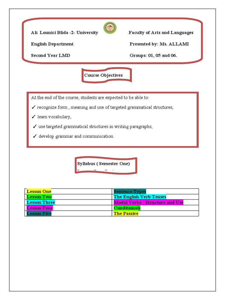 Grammar. Syllabus Semester One | PDF