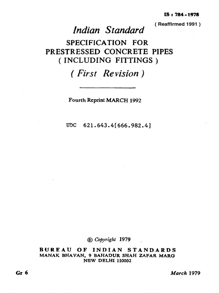 Indian Standard: Specification FOR Prestressed Concrete Pipes ...
