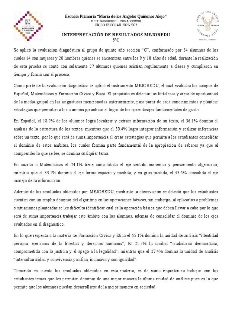 Resultados Diagnóstico 5°C MEJOREDU | PDF | Evaluación | Educación primaria