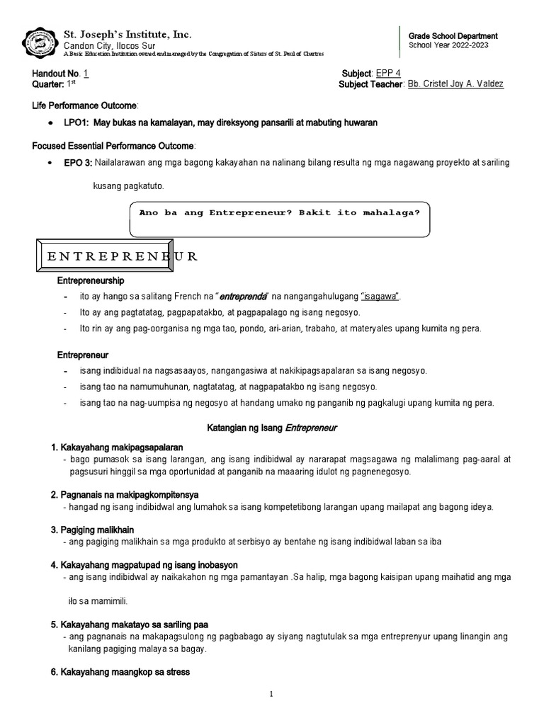 EPP 4 - Handout No.1 | PDF