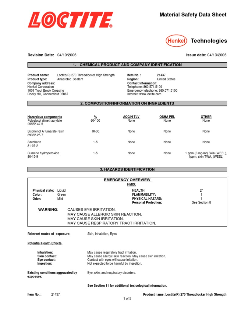 MSDS Loctite | Download Free PDF | Dangerous Goods | Water
