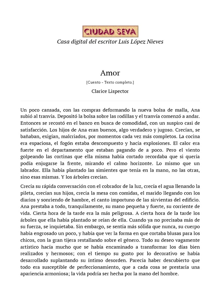Amor - Clarice Lispector - Ciudad Seva - Luis López Nieves | PDF