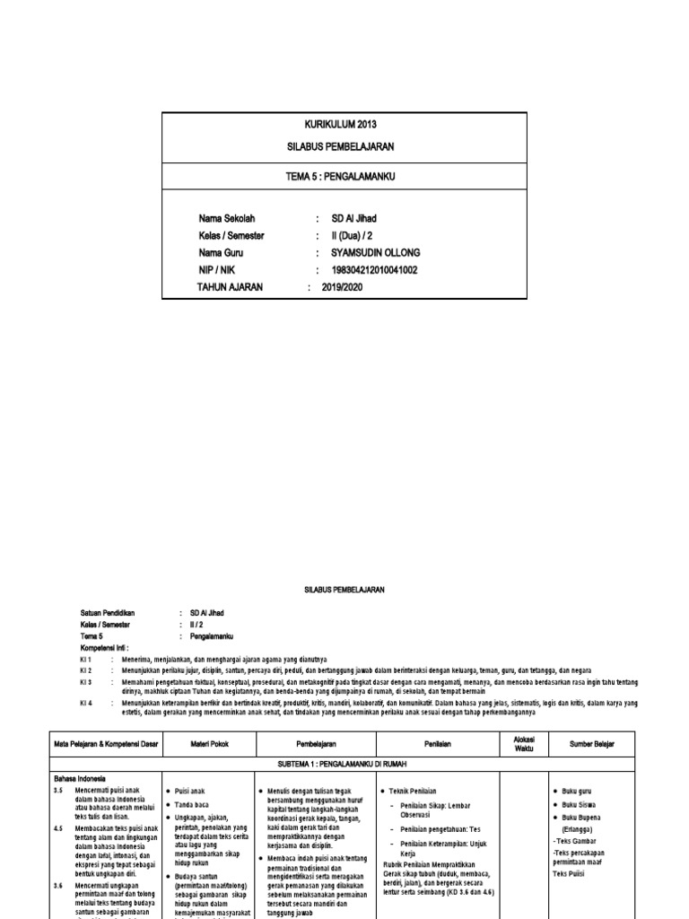 SILABUS TEMA 5 Kelas 2 | PDF