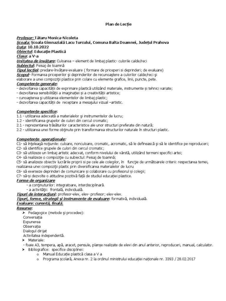 Plan de Lectie - Cls A 5 A - 10.10.2022 | PDF