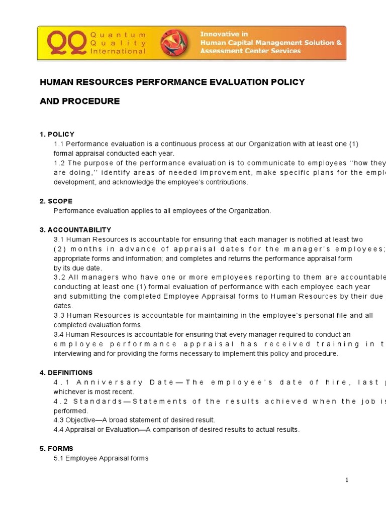 HR Performance Evaluation Policy and Procedure | PDF | Performance Appraisal | Human Resource ...