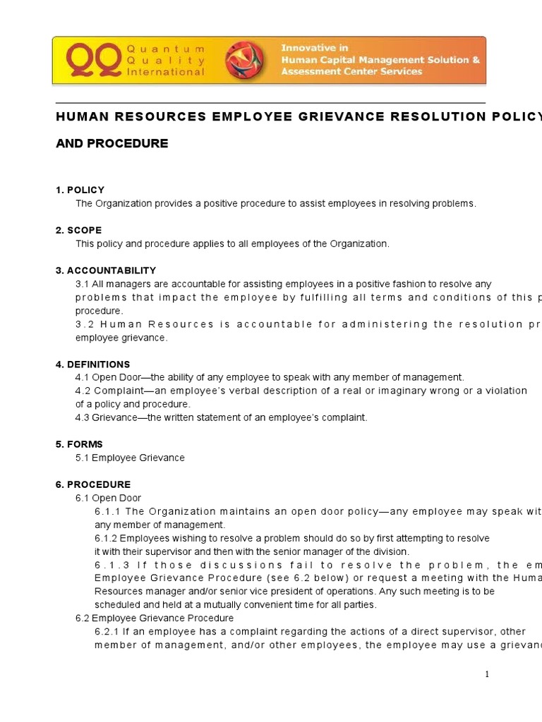 HR Employee Grievance Resolution Policy and Procedure | PDF | Human ...