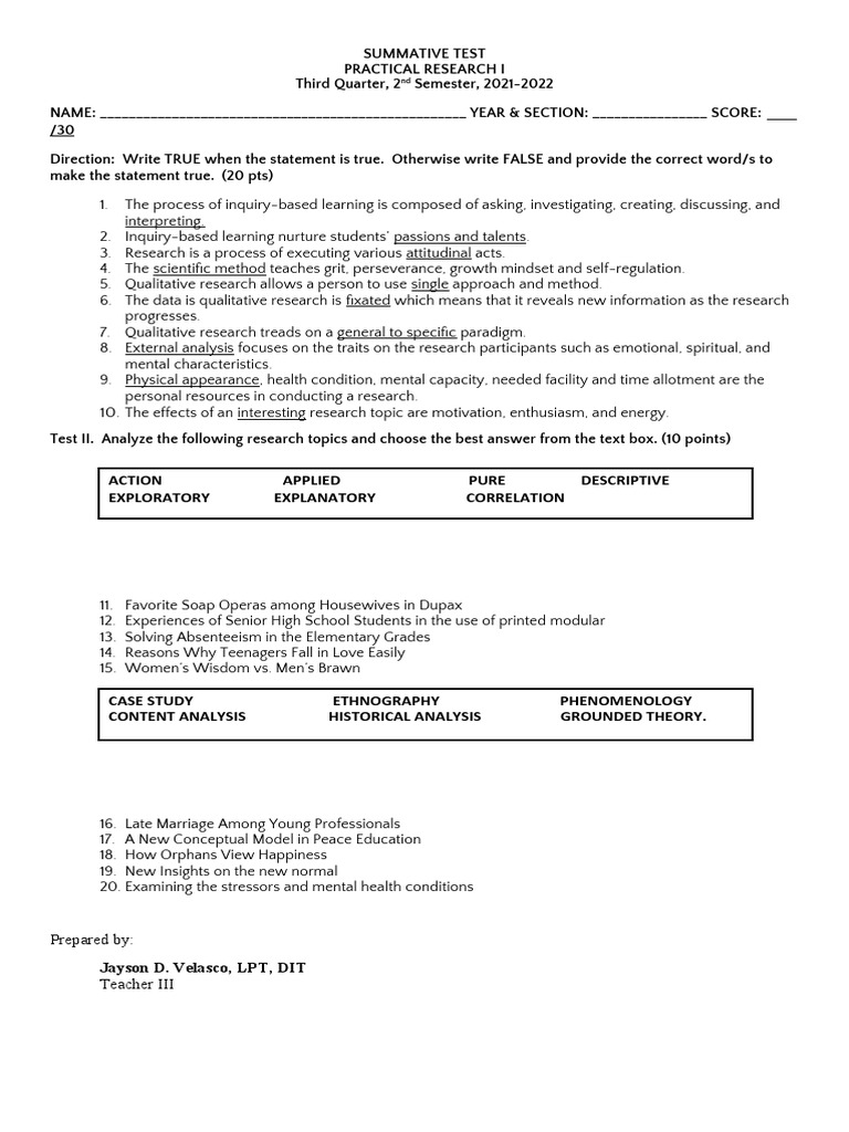 Practical Research 1 Summative Test | PDF | Qualitative Research ...