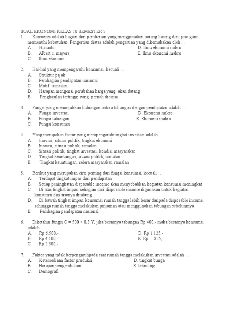 Soal Ekonomi Kelas 10 Semester 2 | PDF