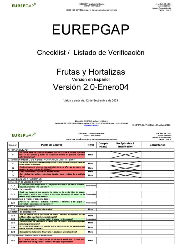 Eurepgap Checklist de Frutas y Hortalizas | PDF | Fertilizante | Residuos
