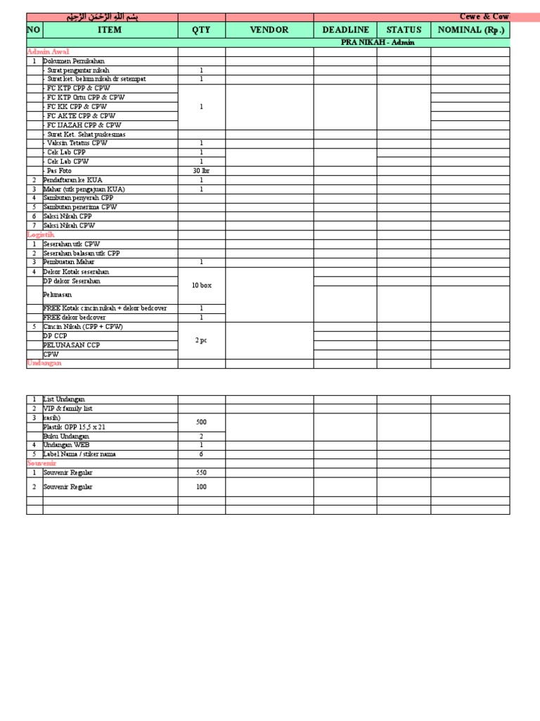 Wedding Checklist Planning Kosongan | PDF