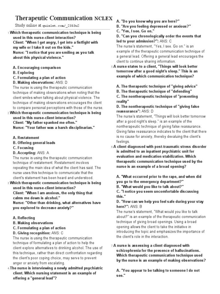 Therapeutic Communication NCLEX | PDF | Obsessive–Compulsive Disorder ...