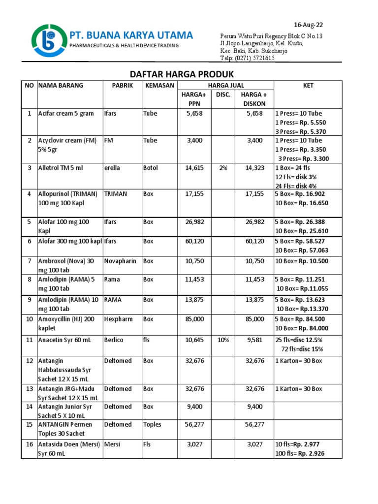 Pricelist BKU 16 AGUSTUS 2022 | PDF | Drugs | Pharmacology