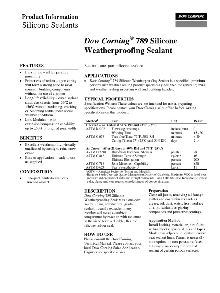 Technical Specification For Dow Corning 789 | PDF | Silicone | Materials