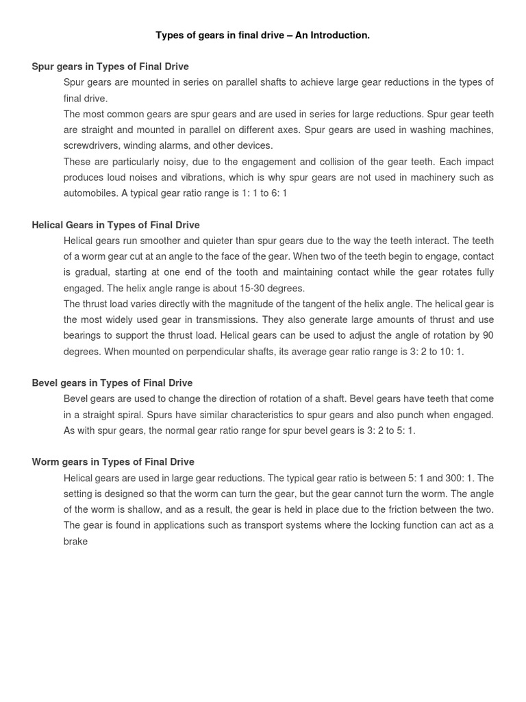 Types of Gears in Final Drive Systems | PDF | Gear | Transport