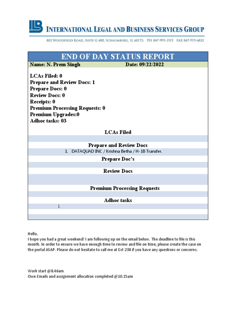 End of Day Status Report 2020 | PDF | H 1 B Visa | Human Migration